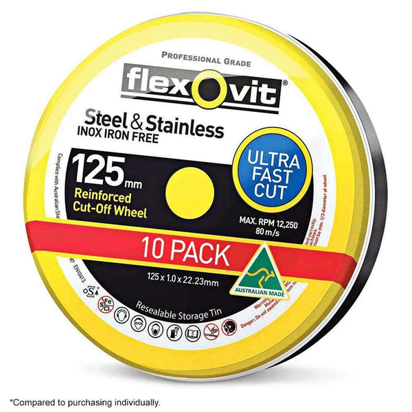 Flexovit 125mm Mega Inox Cut Off Discs - 10-Piece Tin Set for Steel ...